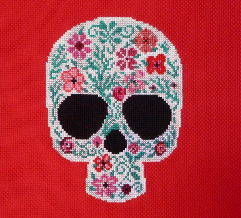 Red Flowers Sugar Skull Cross Stitch Pattern - Etsy