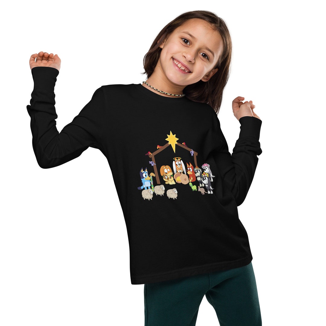 Bluey Nativity Scene Youth Long Sleeve Tee Christmas Bluey Bingo ...