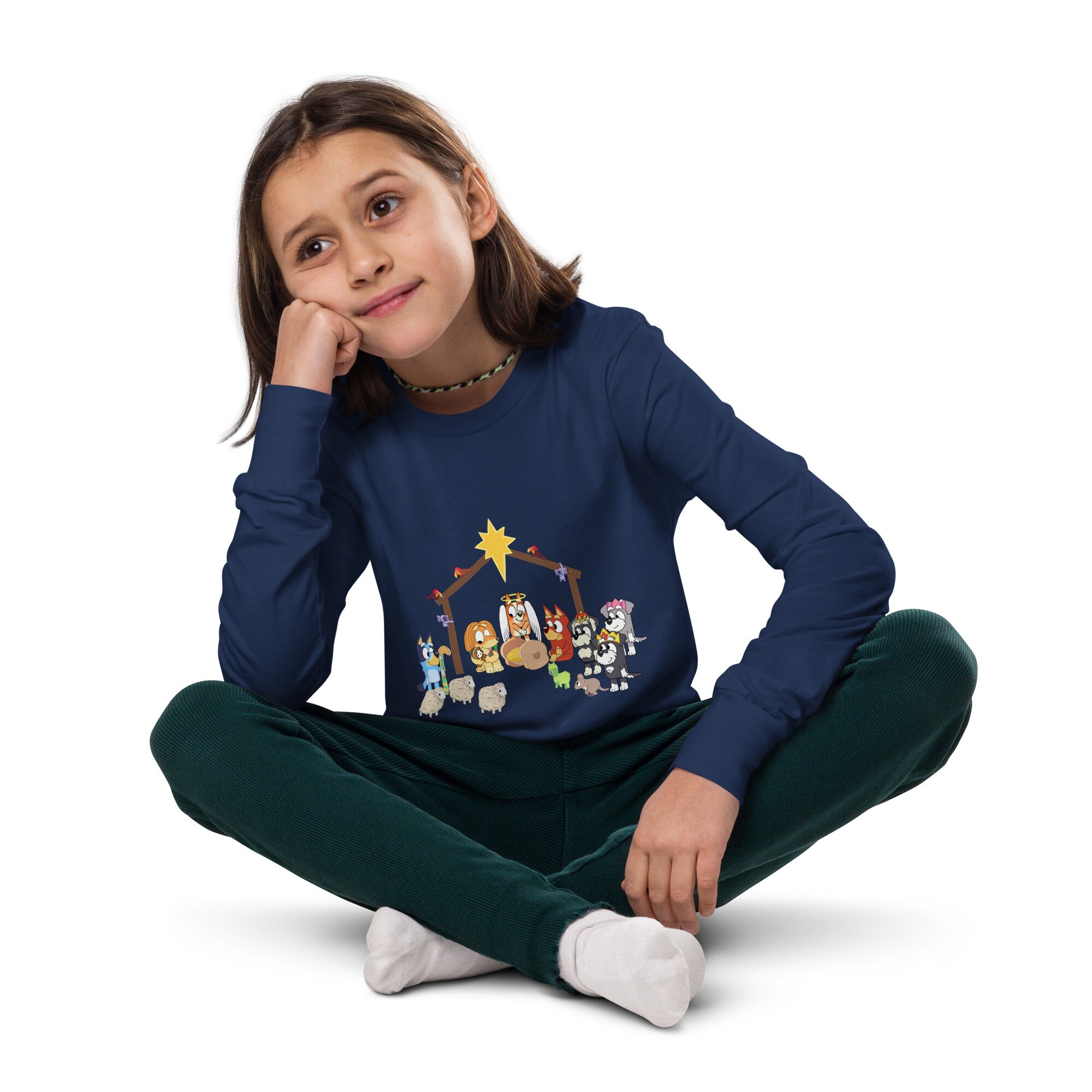 Bluey Nativity Scene Youth Long Sleeve Tee Christmas Bluey Bingo ...