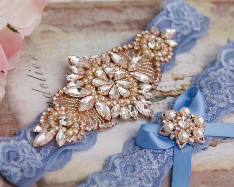Blue Wedding Garter Set, Rose Gold Bridal Garter Set Blue Lace Garter ...