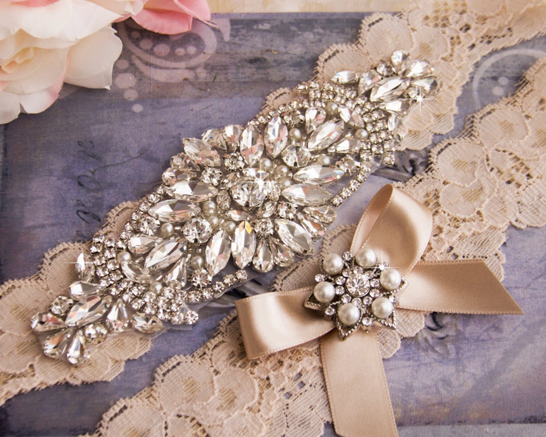 Champagne Wedding Garter Set, Champagne Bridal Garter, Rhinestone ...