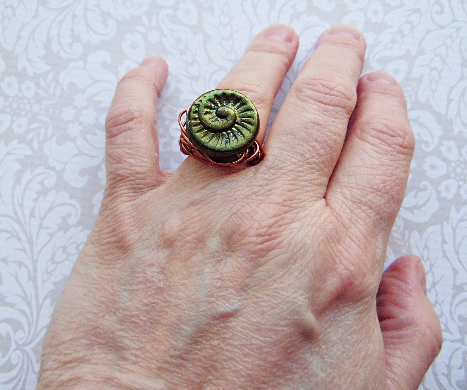 Orange and Bronze Czech Glass Spiral Fossil Wire Wrapped Ring - Etsy