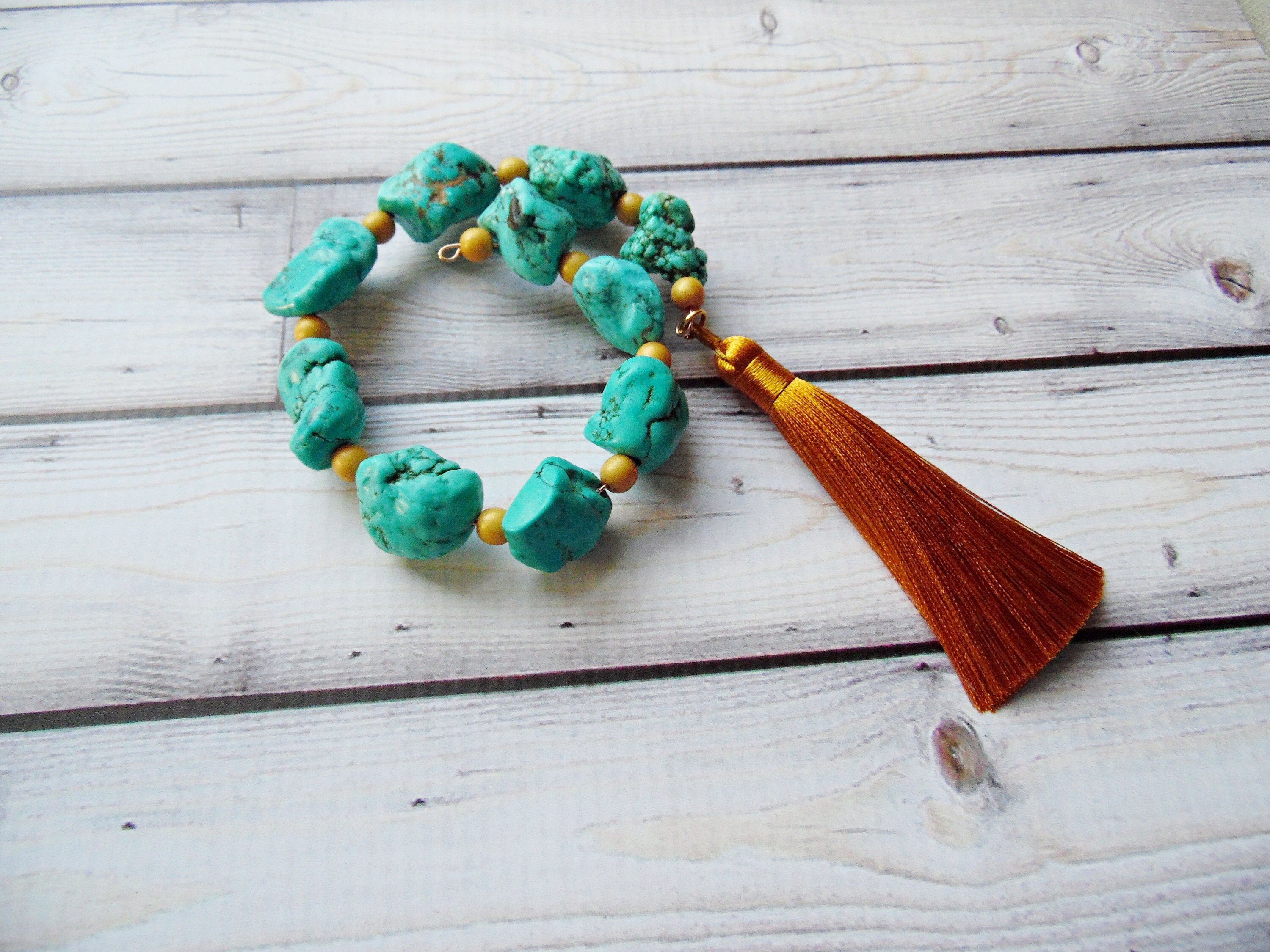 Turquoise Dyed Howlite Bracelet with Bronze Tassel Hippie | Etsy
