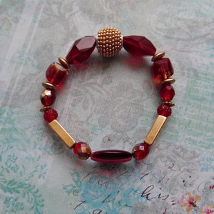 Fancy Red Stretch Bracelet With Goldtone Boho Bead - Etsy