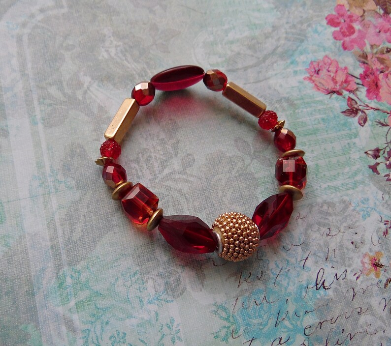 Fancy Red Stretch Bracelet With Goldtone Boho Bead - Etsy