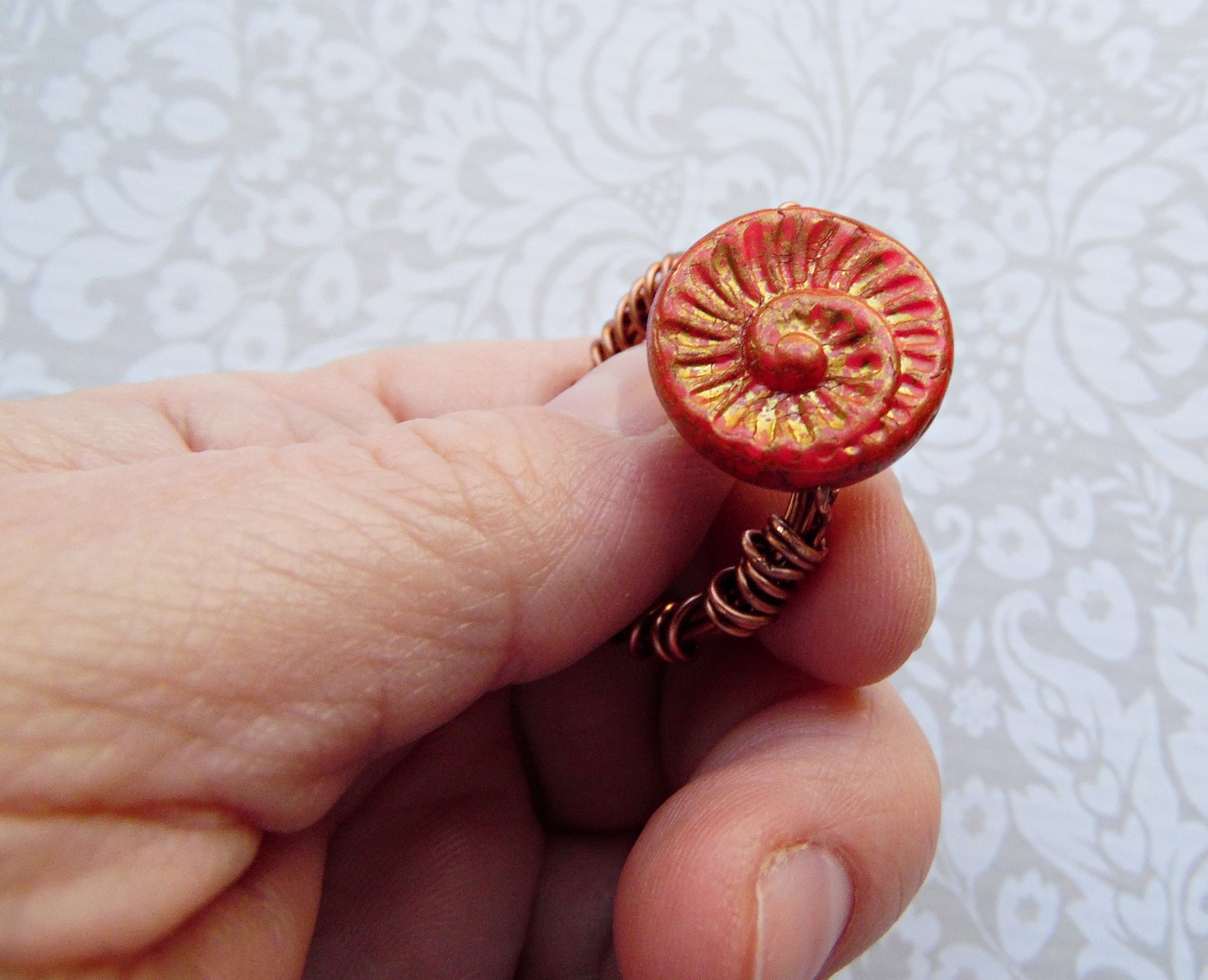 Orange and Bronze Czech Glass Spiral Fossil Wire Wrapped Ring | Etsy