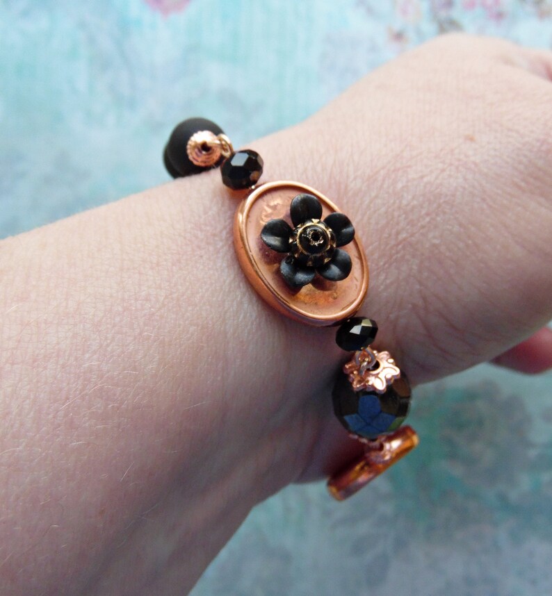 Vintage Copperplate Bracelet With Black Beads - Etsy