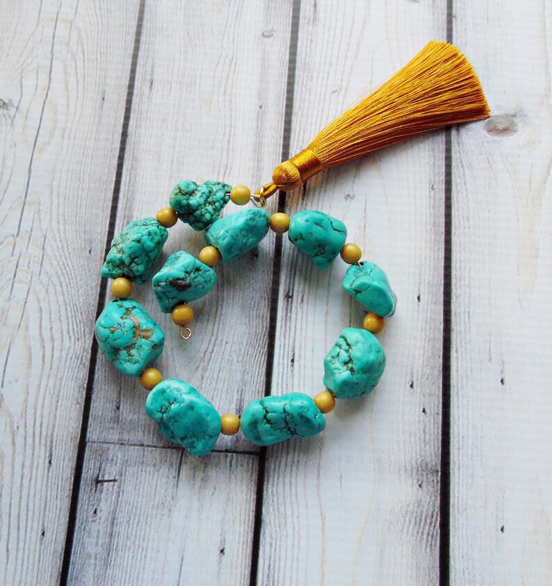 Turquoise Dyed Howlite Bracelet with Bronze Tassel Hippie | Etsy