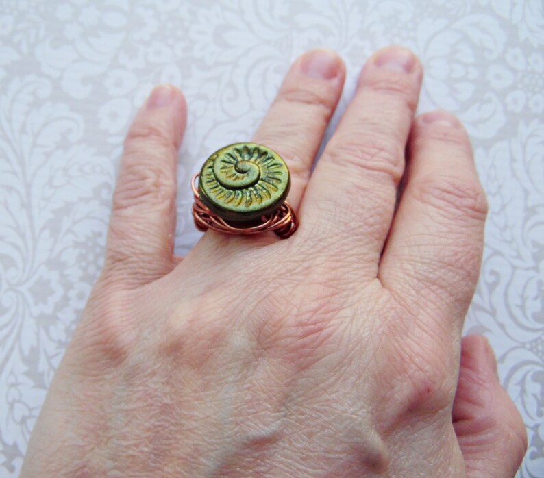 Orange and Bronze Czech Glass Spiral Fossil Wire Wrapped Ring - Etsy