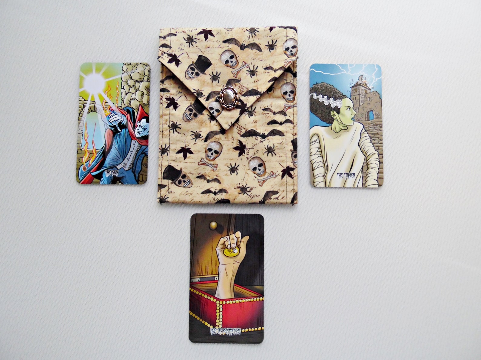 Skull Tarot Bag With Bats Spiders and Vintage Button | Etsy