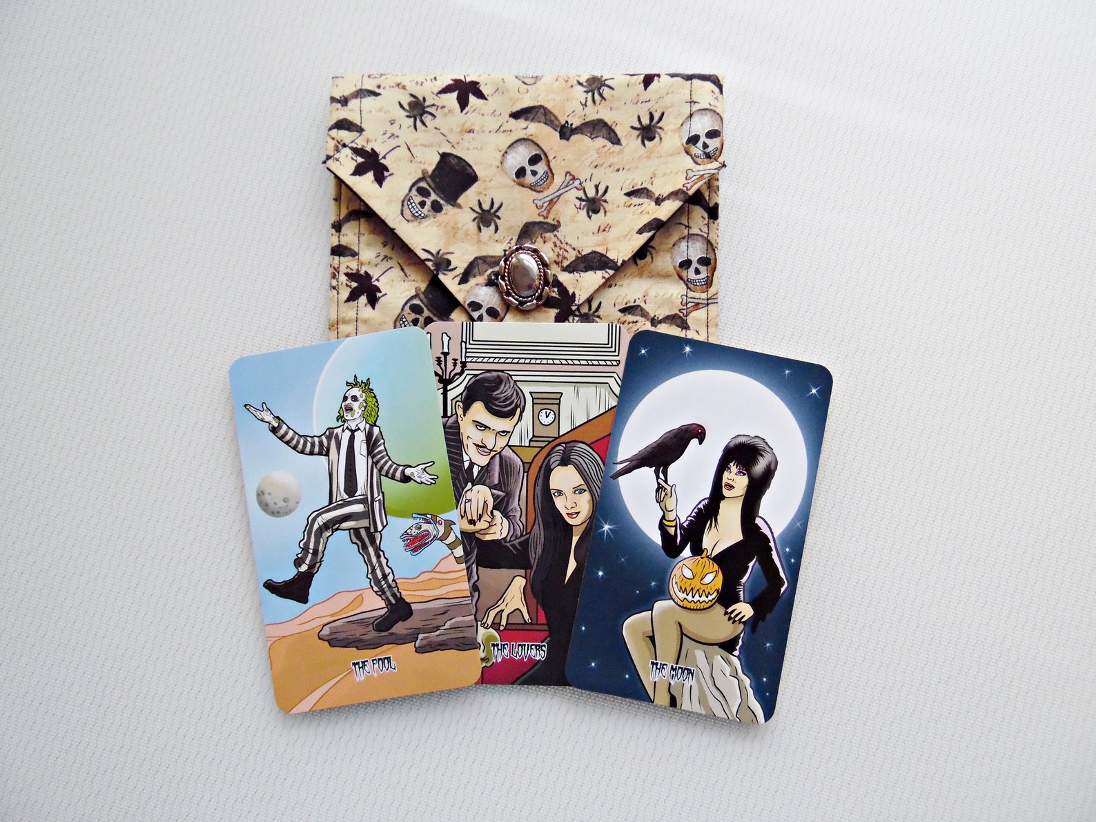 Skull Tarot Bag With Bats Spiders and Vintage Button | Etsy