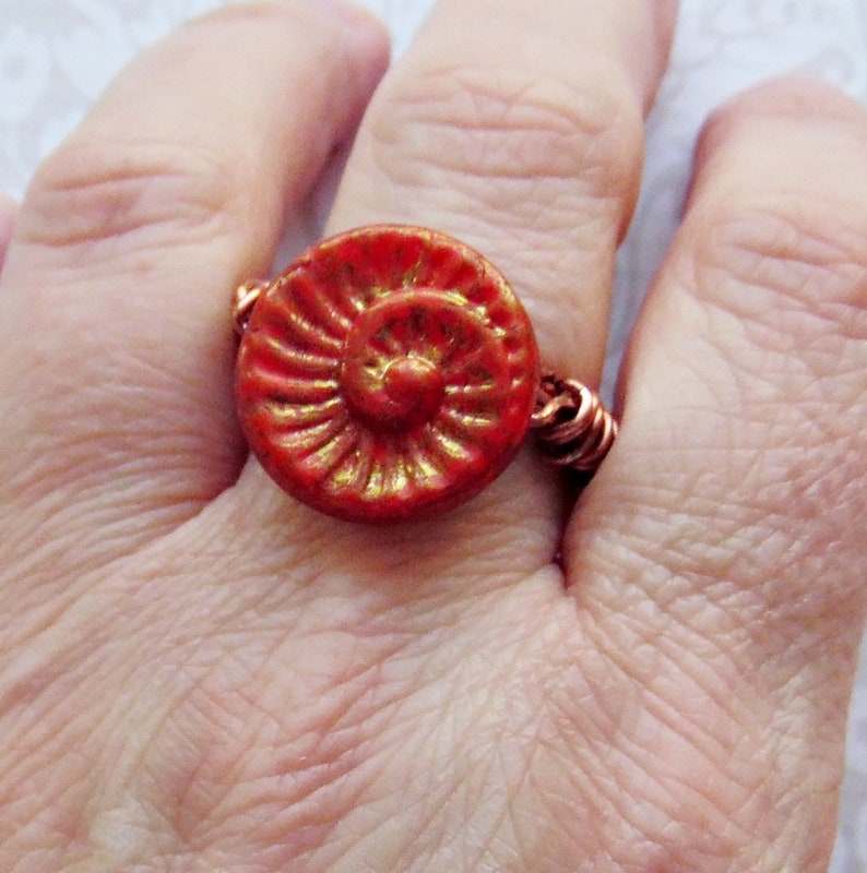 Orange and Bronze Czech Glass Spiral Fossil Wire Wrapped Ring - Etsy