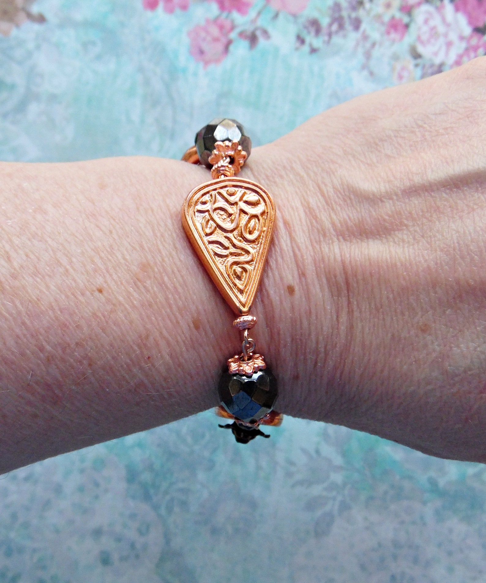 Vintage Copperplate Bracelet With Black Beads - Etsy