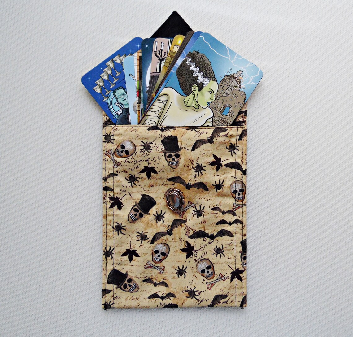 Skull Tarot Bag With Bats Spiders and Vintage Button | Etsy