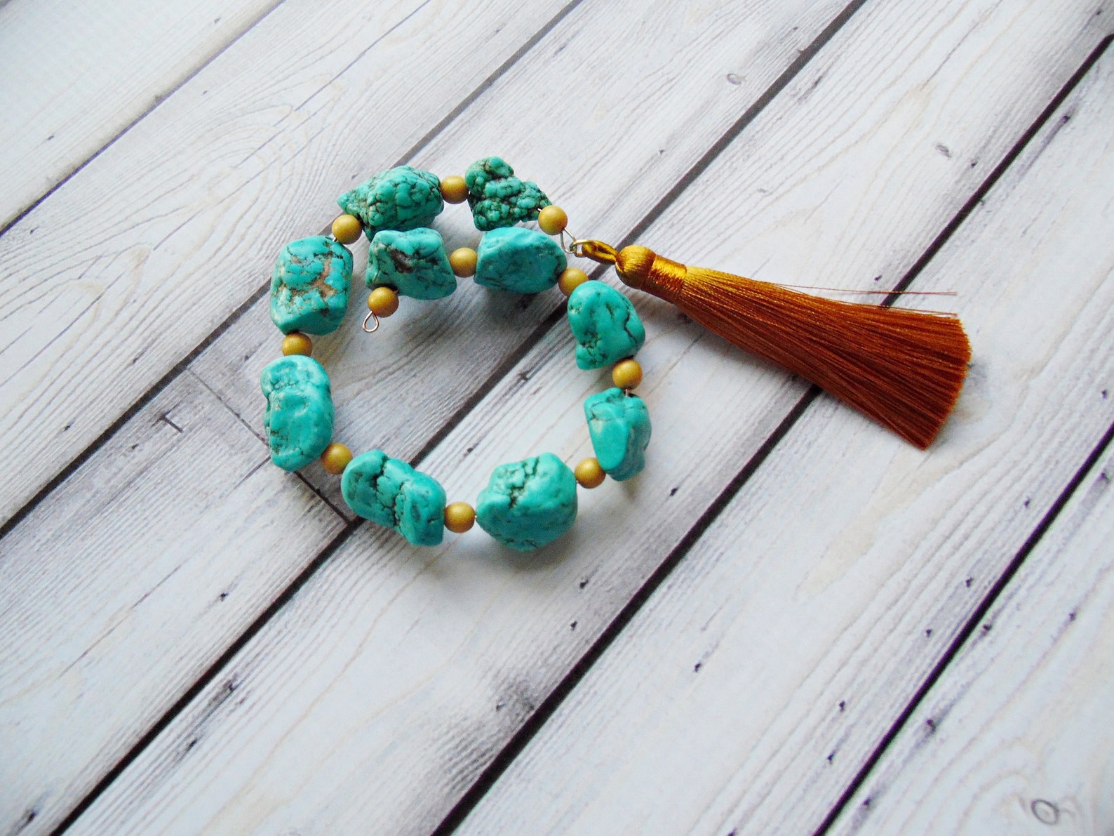 Turquoise Dyed Howlite Bracelet with Bronze Tassel Hippie | Etsy