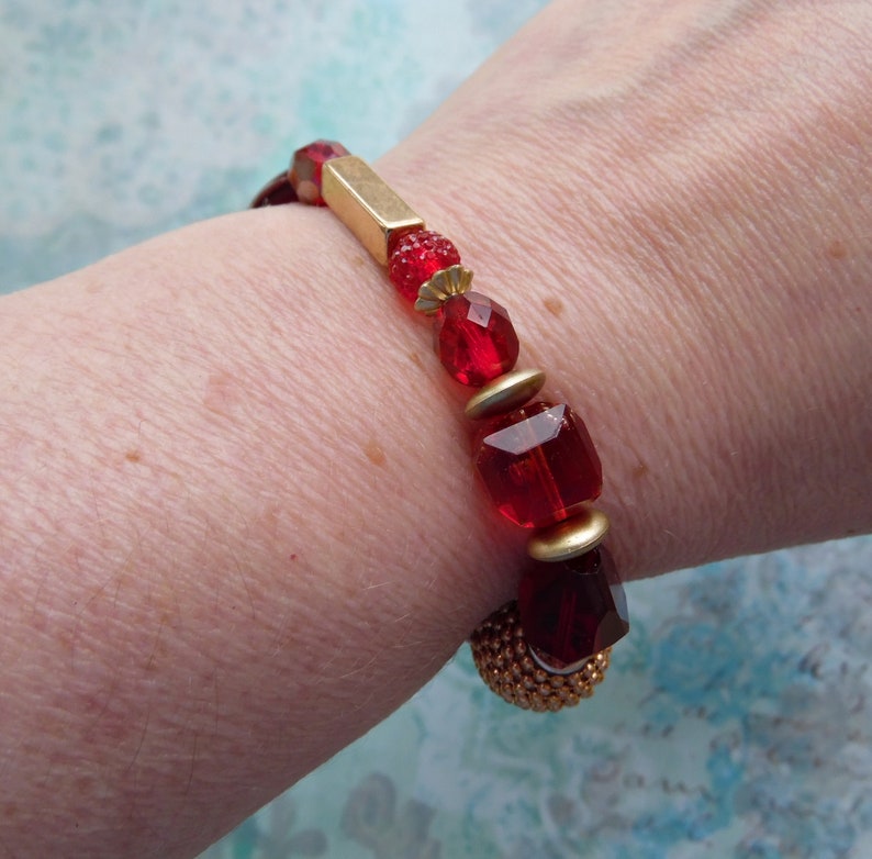 Fancy Red Stretch Bracelet With Goldtone Boho Bead - Etsy