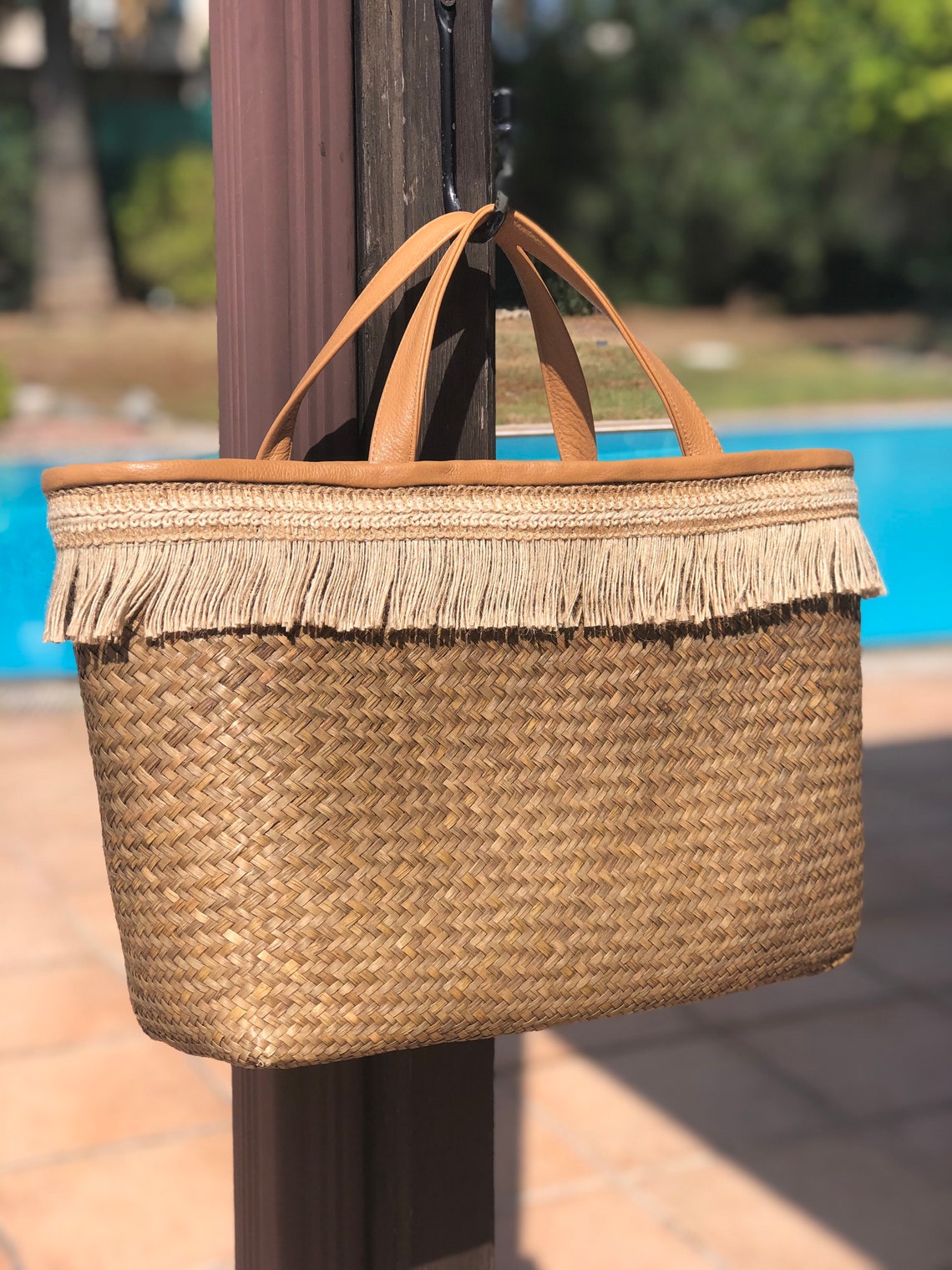 Top Handle Straw Bag. Leather Woven Tote. Leather Straw Bag. Summer ...