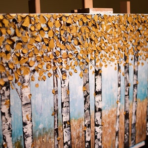 Huge ORIGINAL Triptych Abstract Gold Birch Tree Painting Impasto Autumn ...