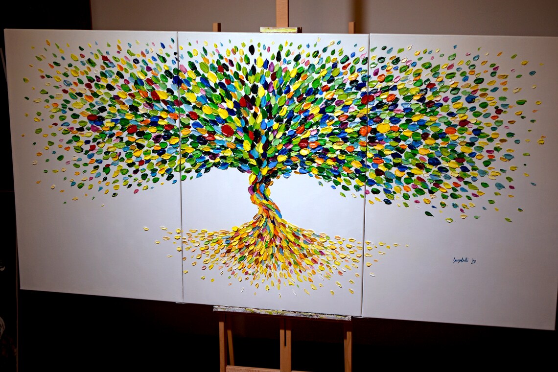 Modern Tree Triptych Painting ORIGINAL Abstract Colorful | Etsy