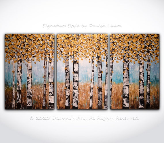 Huge ORIGINAL Triptych Abstract Gold Birch Tree Painting | Etsy