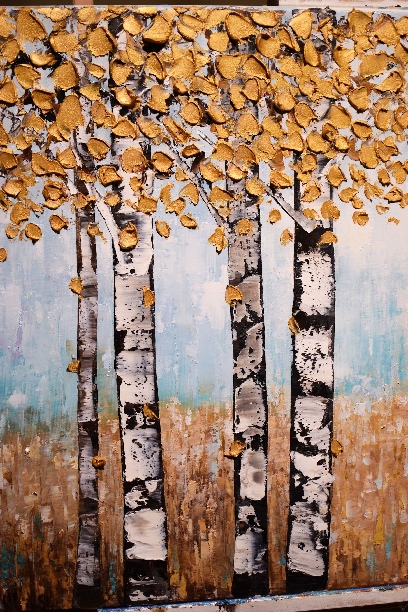 Huge ORIGINAL Triptych Abstract Gold Birch Tree Painting | Etsy