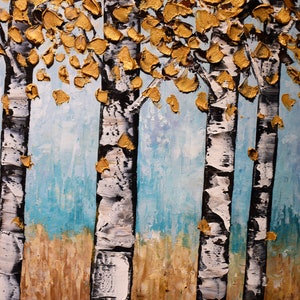 Huge ORIGINAL Triptych Abstract Gold Birch Tree Painting Impasto Autumn ...
