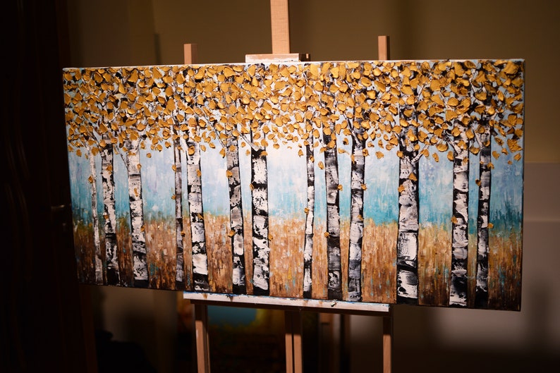 Huge ORIGINAL Triptych Abstract Gold Birch Tree Painting | Etsy