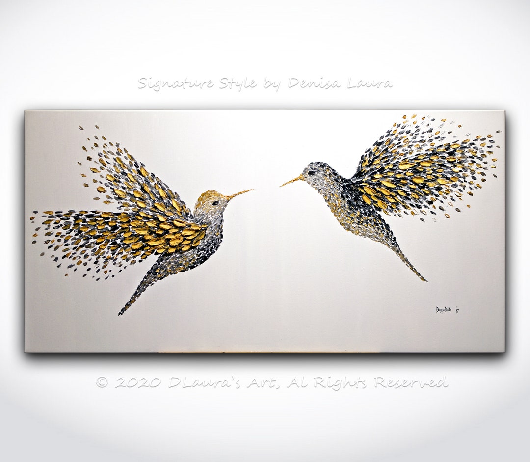Contemporary Abstract Gold Hummingbirds Painting ORIGINAL Gold Birds 3d ...