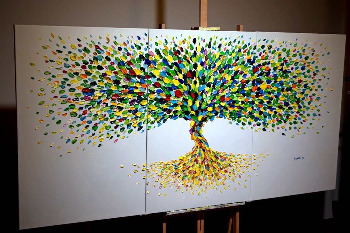 Modern Tree Triptych Painting ORIGINAL Abstract Colorful | Etsy