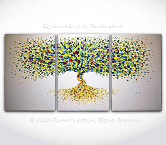 Modern Tree Triptych Painting ORIGINAL Abstract Colorful | Etsy