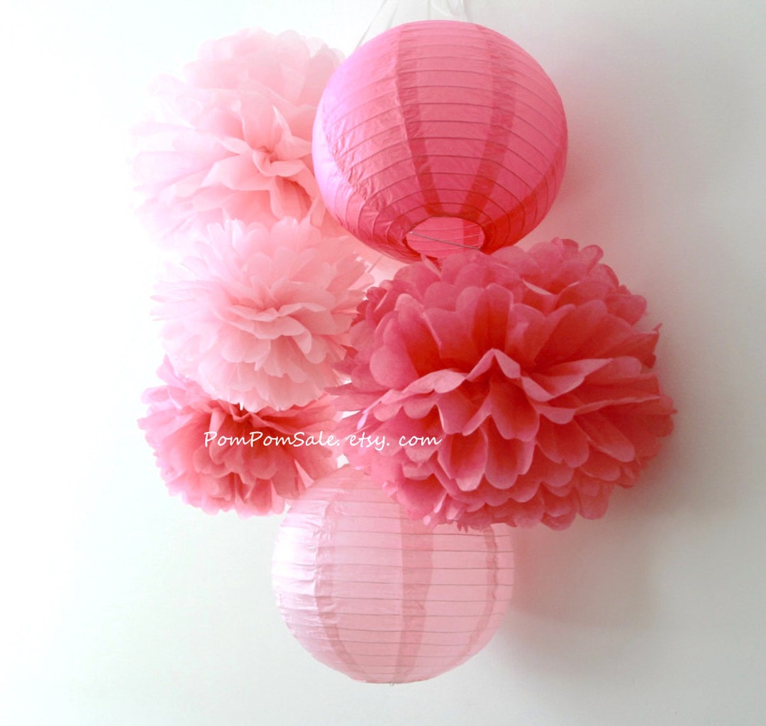 SALE Pretty in Pink 4 Tissue Paper Pom Poms Plus 2 Paper Lantern Fast ...
