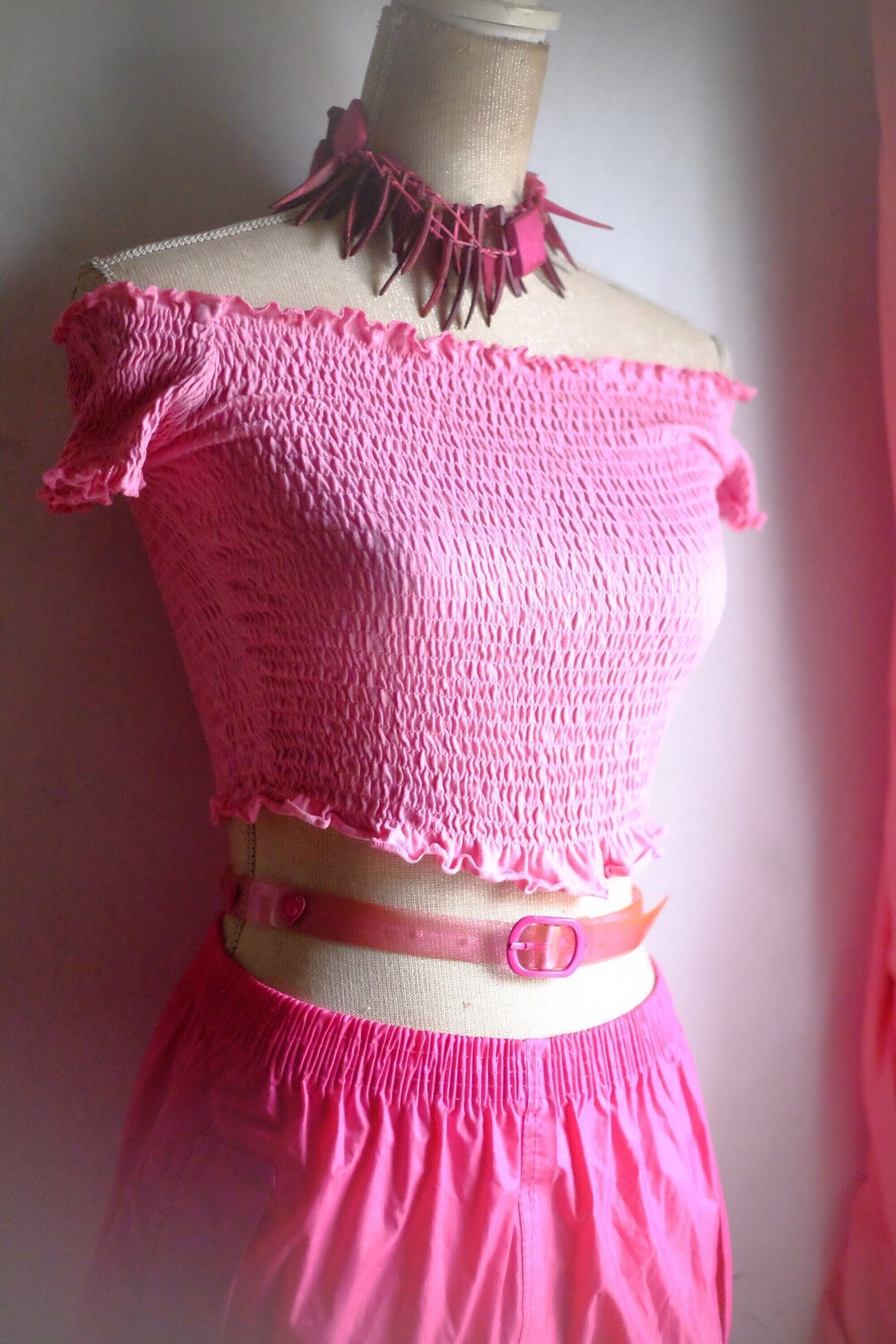 Vintage Y2k Sexy 90s Sweet Pink Popcorn Crop Top Super Stretchy Ruffled ...
