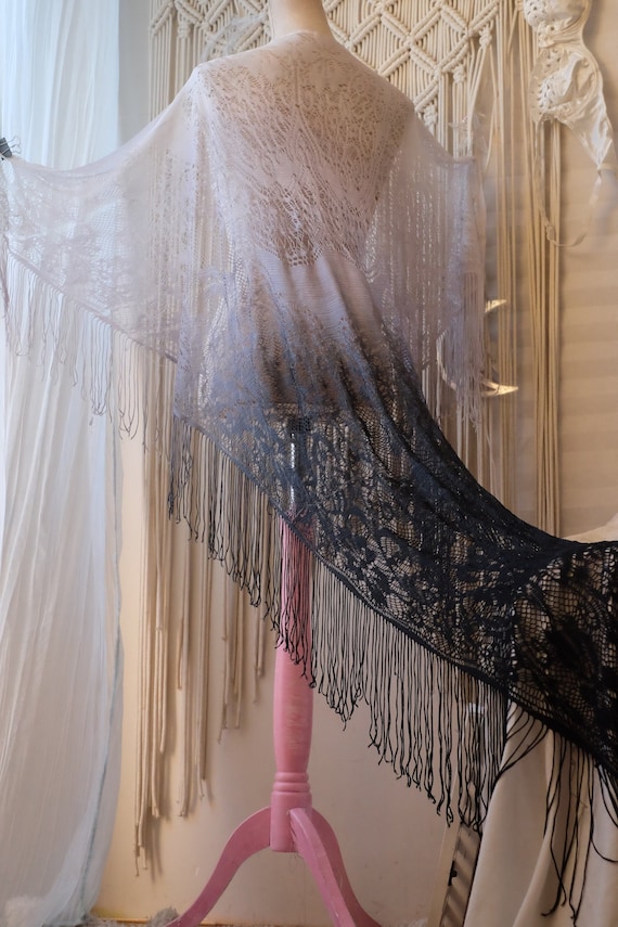 Grey Crochet Lace Shawl , Vintage Long Fringed Shawl … - Gem