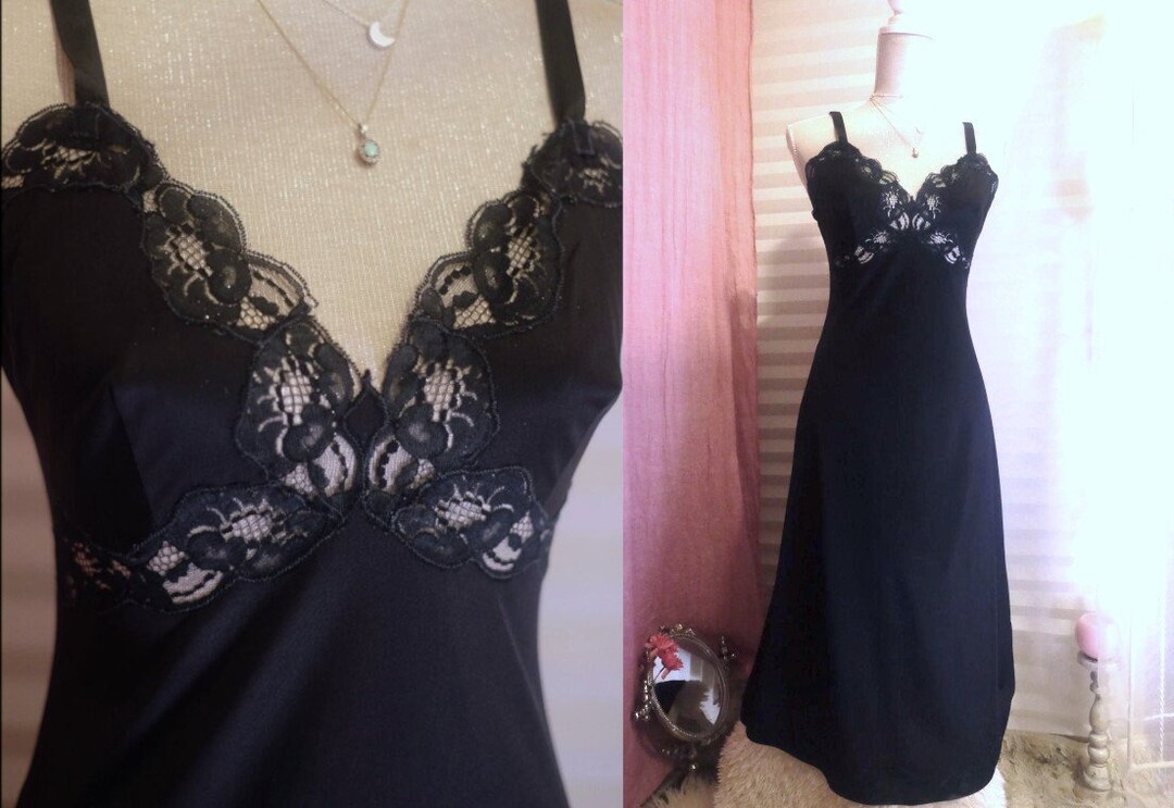 Vintage Long Nightgown Silky Satin Black Sleeveless Bold Rich Lace ...