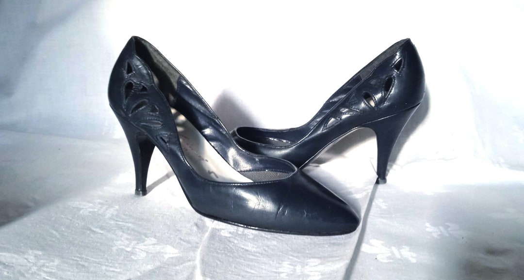 Vintage Luxury 30/40s Leather Pumps DOLCIS Navy Blue Pointy Toe High ...