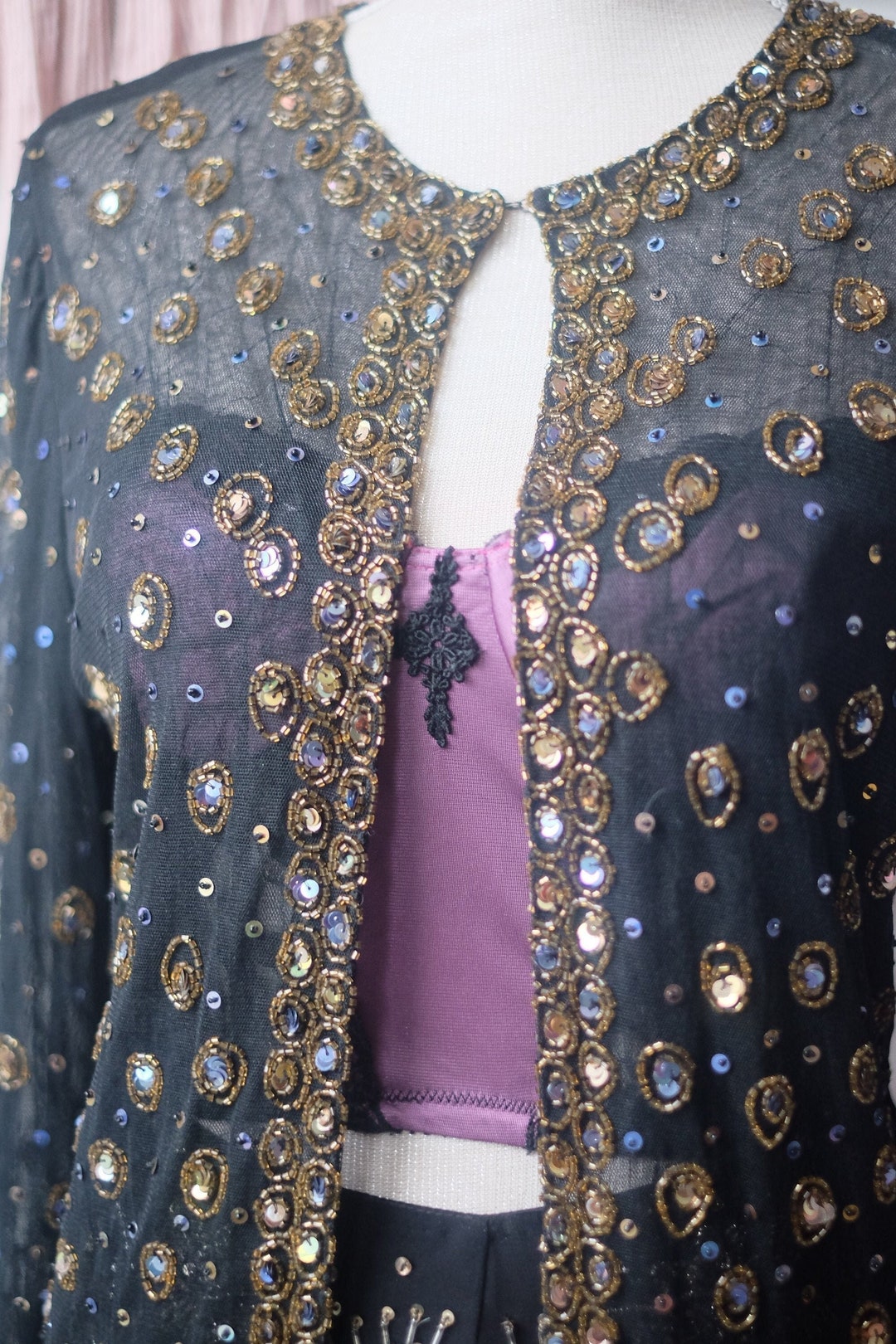 Vintage 80s Embroidered Sequined Black Jacket Jeweled Sheer Mesh Gold ...