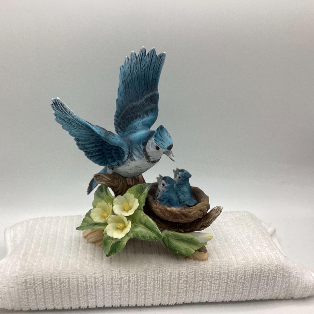 Pretty Porcelain Blue Bird Figurine- Feeding Babies - Unknown Maker - Etsy