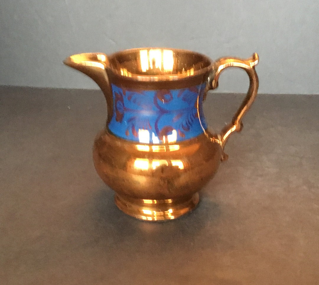 Antique Copper Luster Pitcher With Blue Trim - Etsy