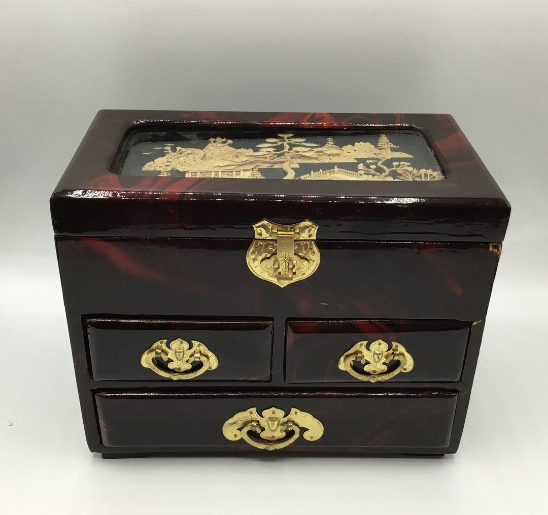 Lacquerware Jewelry Box - Carved Cork Design on Top - Peoples Republic ...