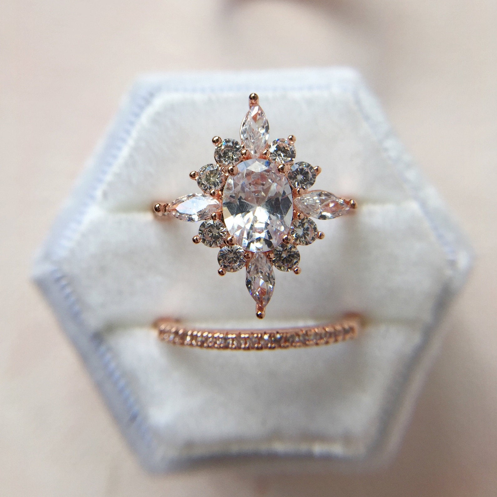 Fake Engagement Ring & Wedding Band Set 3 Piece Rose Gold | Etsy