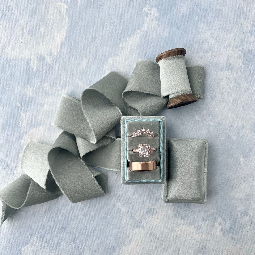 3 Slot Sage Green Ring Box, 3 Slot Velvet Ring Box, Sage Green Wedding ...