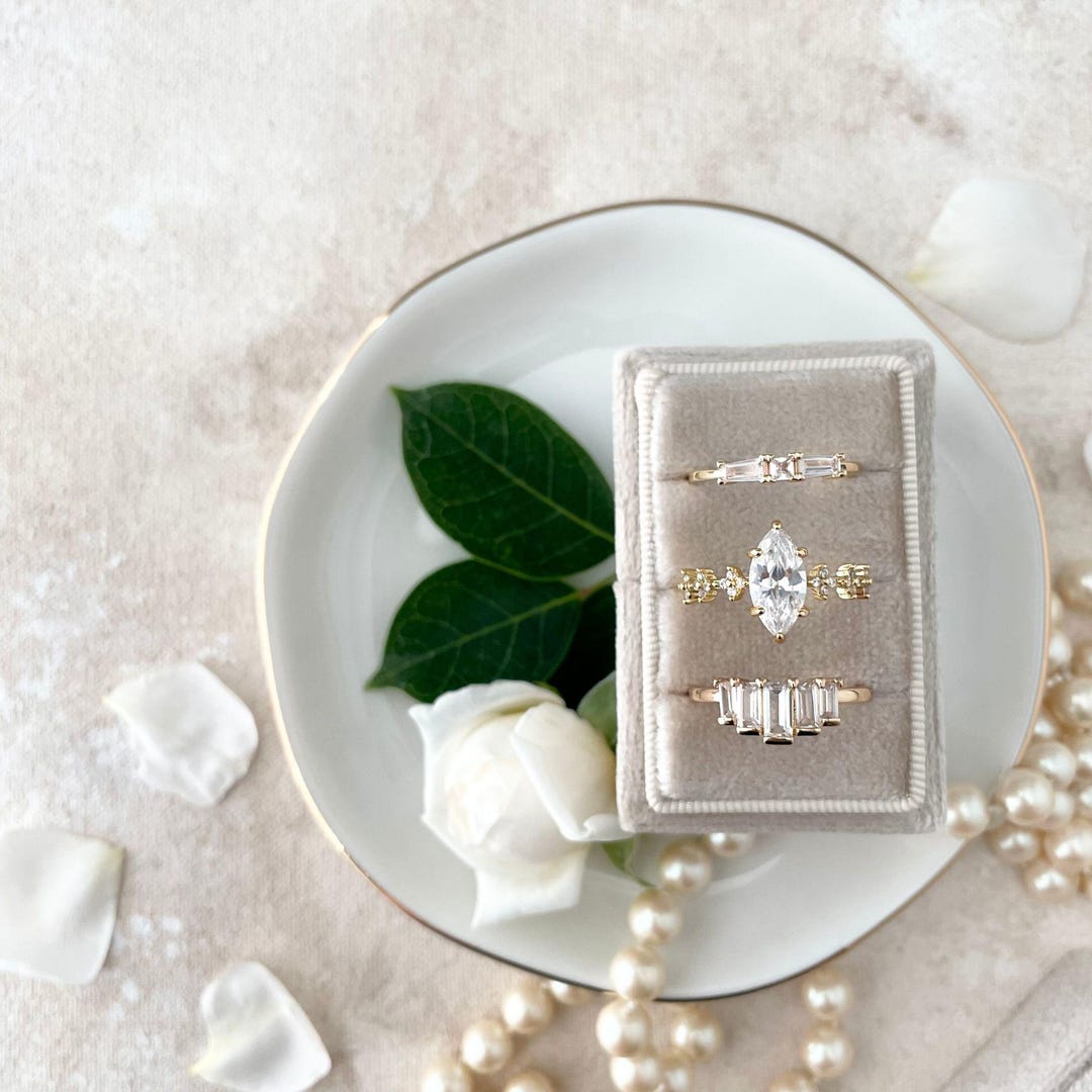Wedding Ring Box for Ceremony; Triple Slot, Champagne Velvet for Flat ...