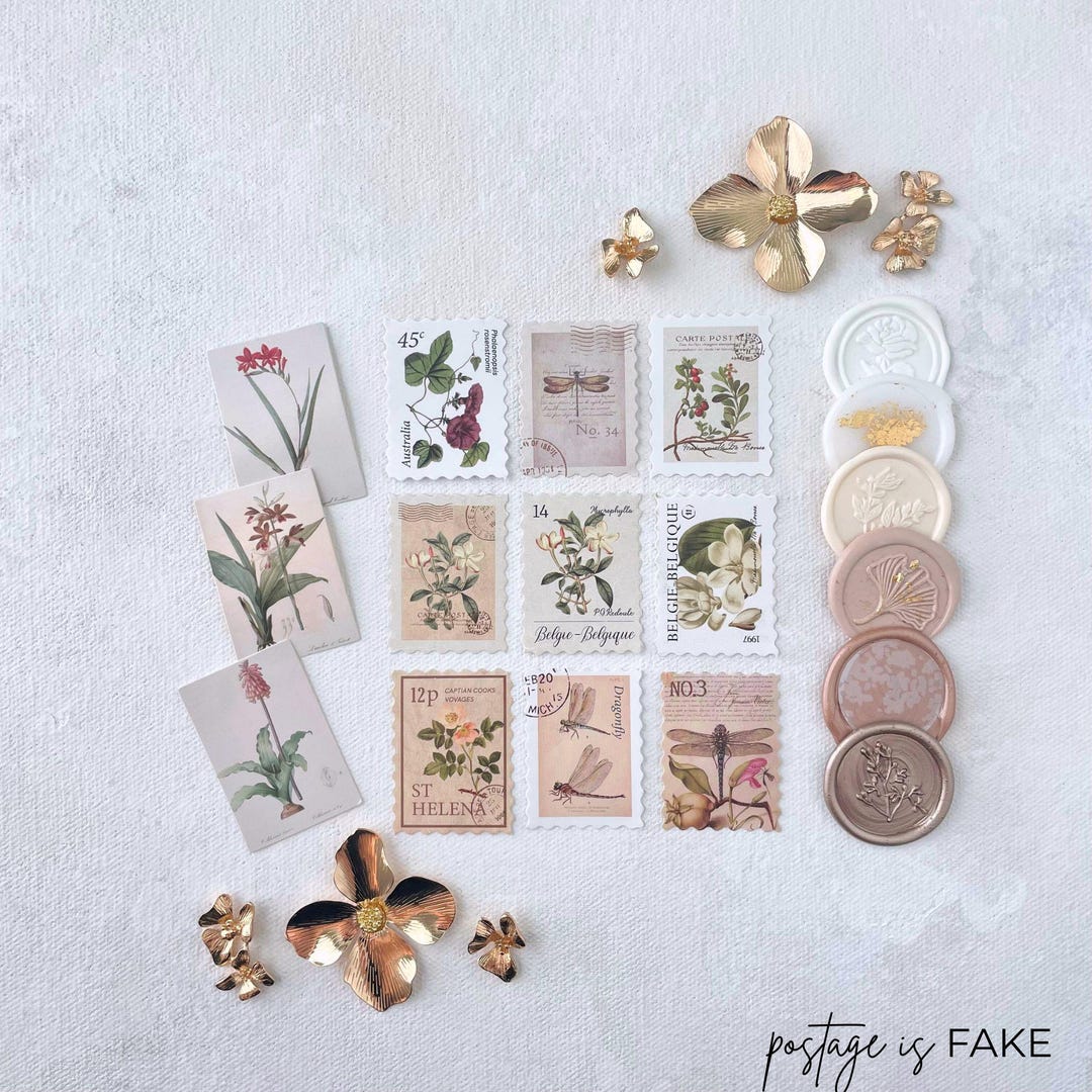 FAKE Postage Stamps for Wedding Flatlay, Neutral Lay-flat Vintage Fake ...