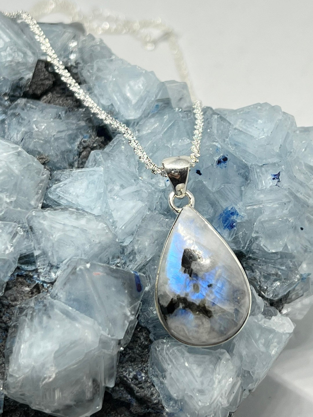 Rainbow Moonstone and Black Tourmaline Pendant 925 Necklace, Fairycore ...