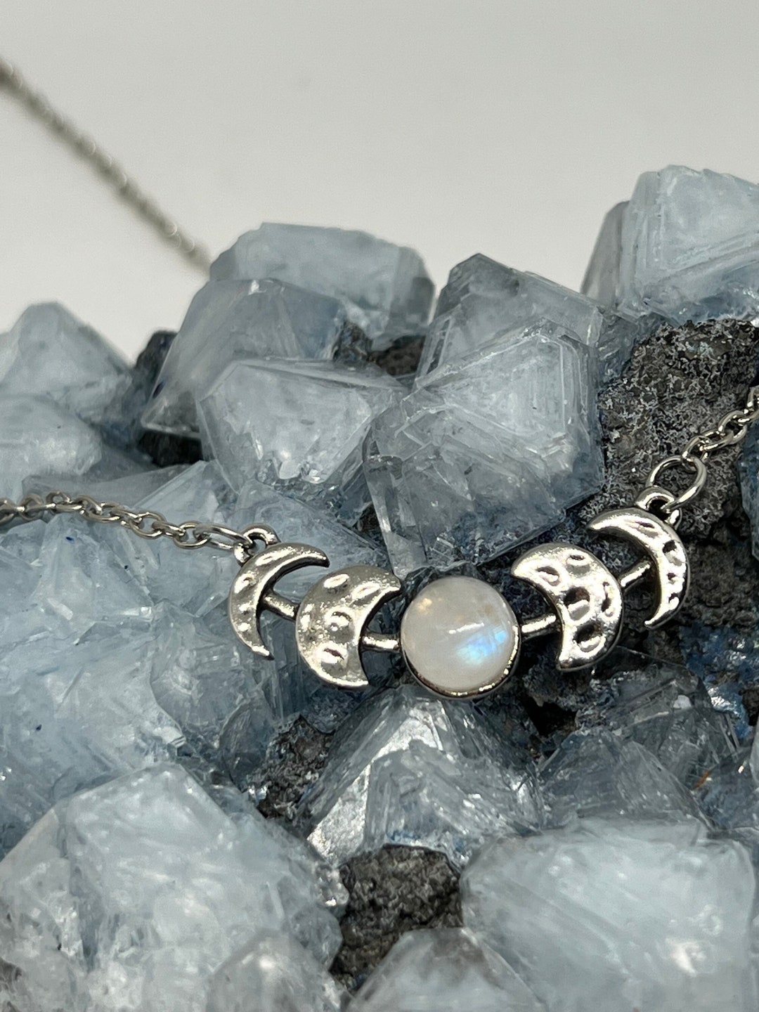 Rainbow Moonstone Moon Phases Vertical Bar Silver Necklace for Women ...