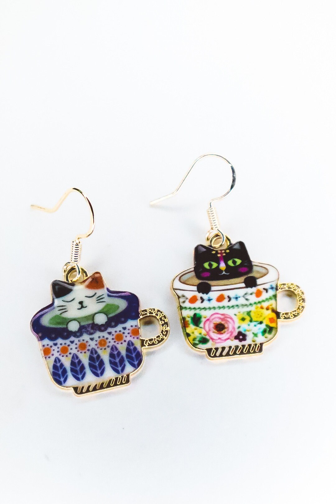 Mismatch Tricolor Cat and Black Cat Earrings for Women, White Floral ...