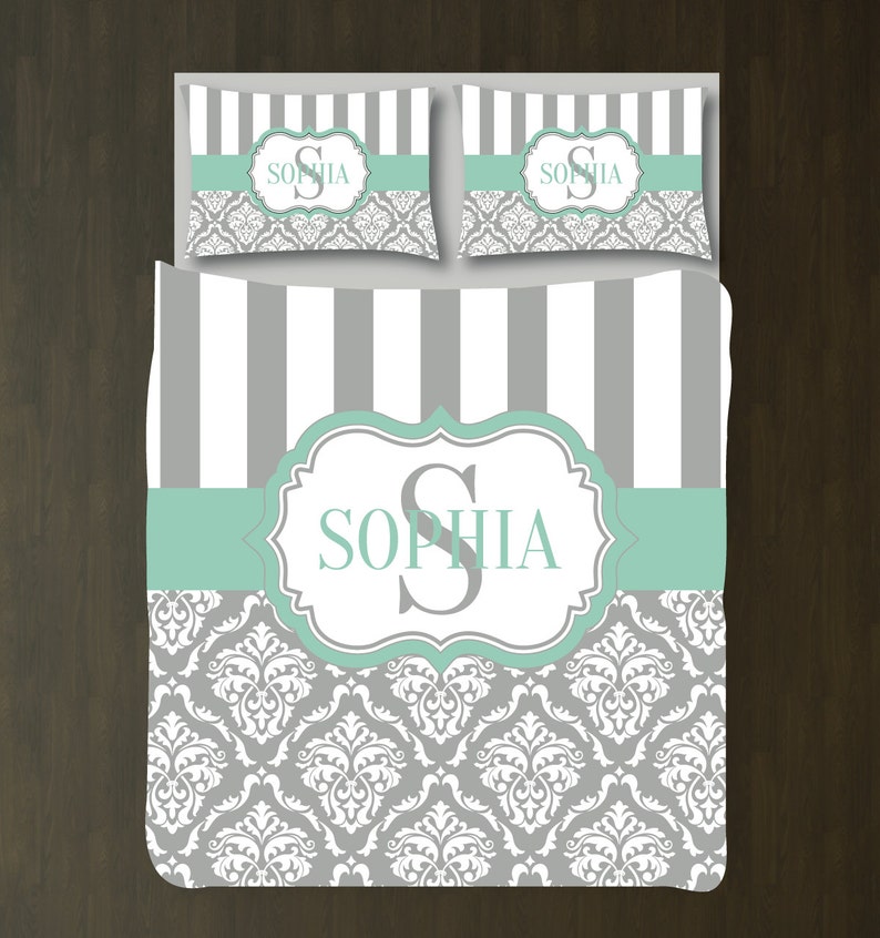 Damask Bedding Set W/stripes-monogrammed Name-custom Duvet - Etsy