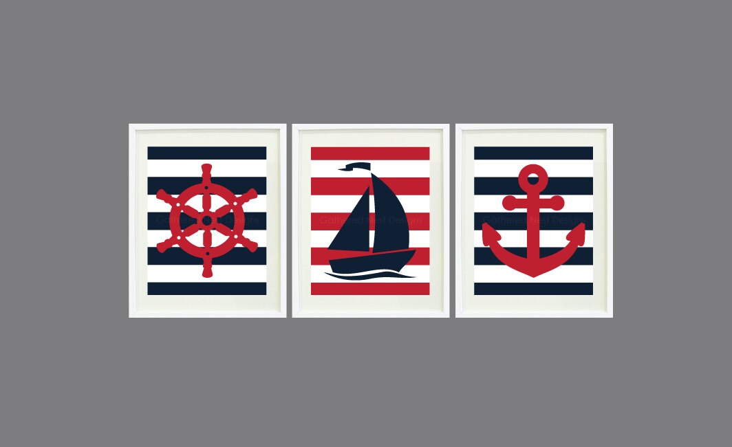 3 Piece Striped Nautical Print Set for Nursery Kids Room | Etsy