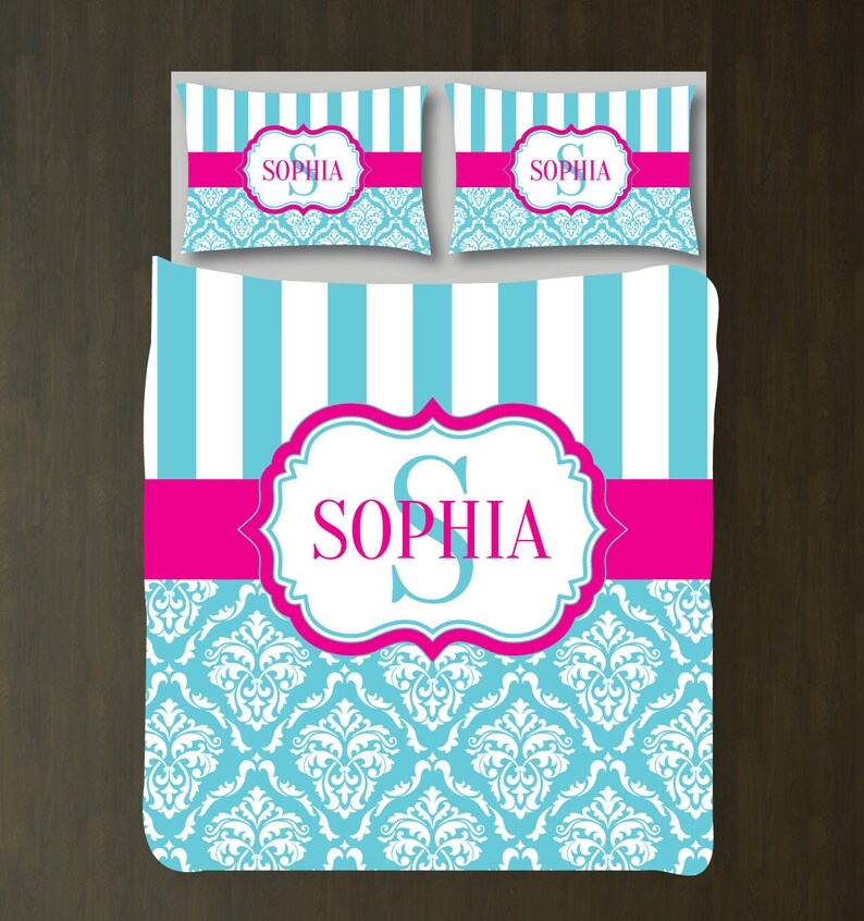 Damask Bedding Set W/stripes-monogrammed Name-custom Duvet - Etsy