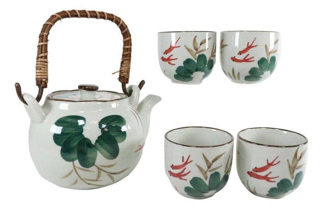 Japanese Koi Fish Lily Pond Design Ceramic Tea Pot Service Set With 4 ...